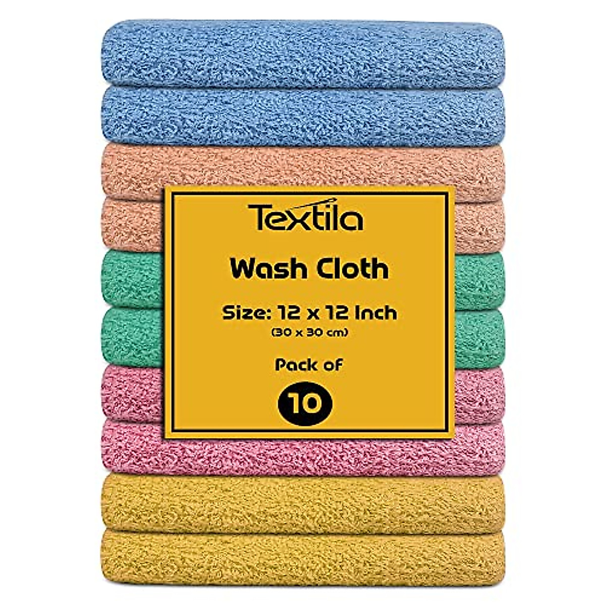 Textila Terry Washcloth Pack of 10 - Multicolor - 12x12 Inches, Soft and Absorbent - Perfect for Bath, Face, Hand, Kitchen, Spa, Hotel, Gym, and Home Use.