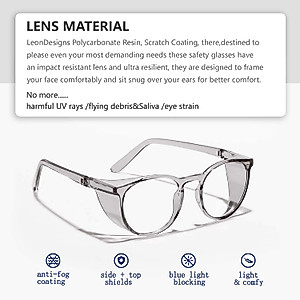 LeonDesigns Anti-Fog Stylish Round Safety Glasses Side Shields | UV Eye Protection HD Blue Light Blocking Glasses | Comfortable Clear Lab Goggles for Men and Wome (Black)