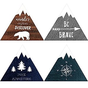 4 Pieces Inspirational Wooden Nursery Decor Mountain Decor Wall Sign Rustic Nature Forest Woodland Adventure Motivational Wooden Hanging Decor with Hook for Baby Bedroom Nursery Decor (Classic Colors)