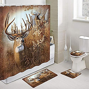 JAWO Deer Shower Curtain and Bath Mat Set 69x70 Inch, Whitetail Deer Fawn in Wilderness, Countryside Rural Hunting Bathroom Mat Set with Contour Toilet Mat, Mat and Toilet Lid Cover