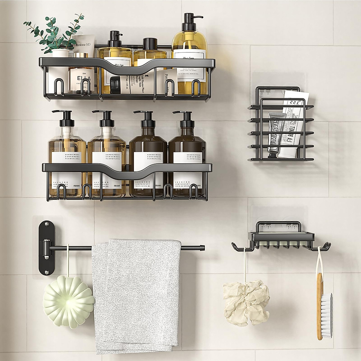 Almaybe Shower Caddy Adhesive, 5 Pack Corner Bathroom Shelves Rack Rustproof Stainless Steel Bath Organizers with 12 Hooks Large Capacity, No Drilling Shelves for Storage&Home Decor&Kitchen…