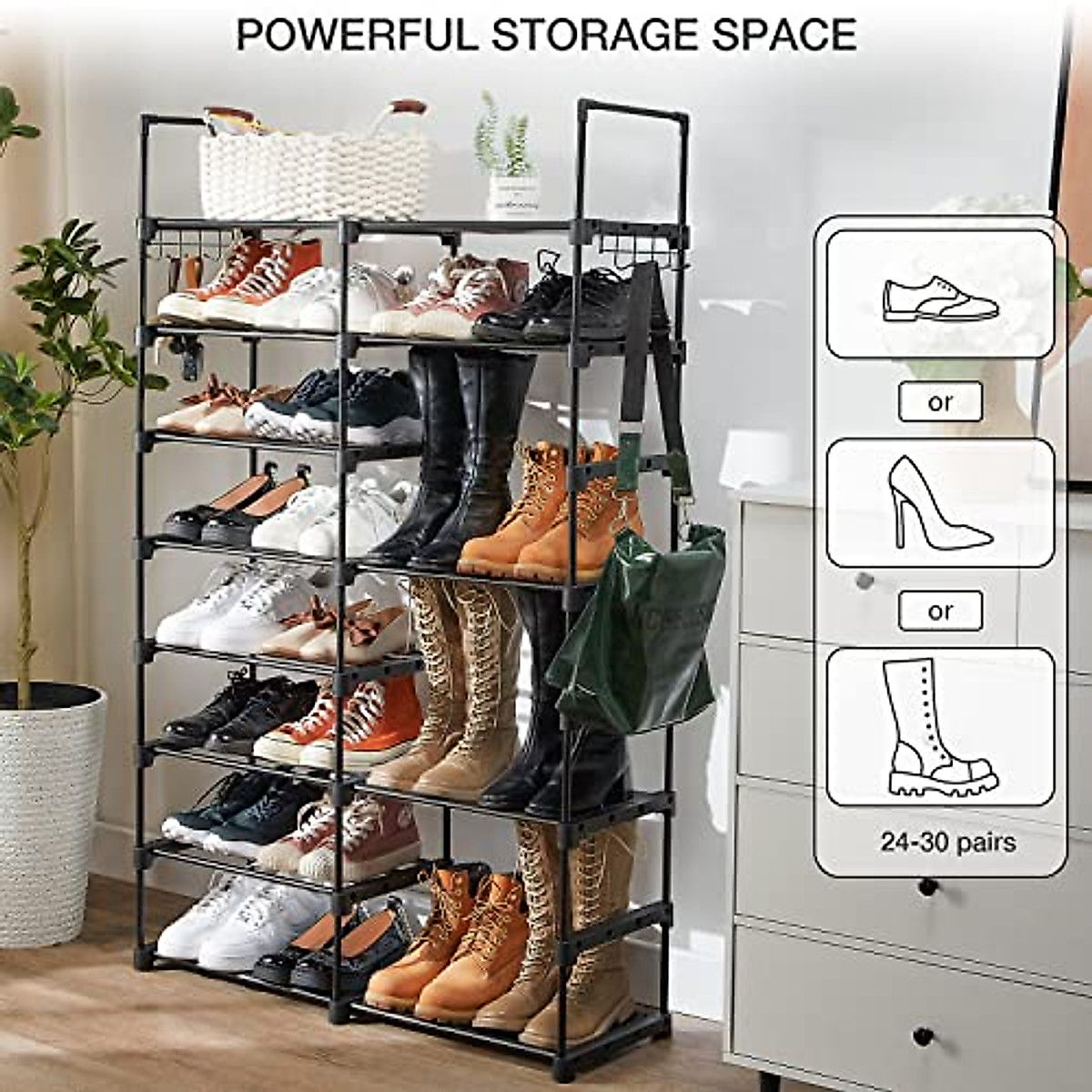 EXQ Home Black Metal Shoe Rack for Closet,8 Tiers Free Standing Shoe Racks for Entryway with Side Hooks,24-30 Pairs Shoe and Boots Shelf, Tall Shoe Organizer for College Dorm, Door and Garage