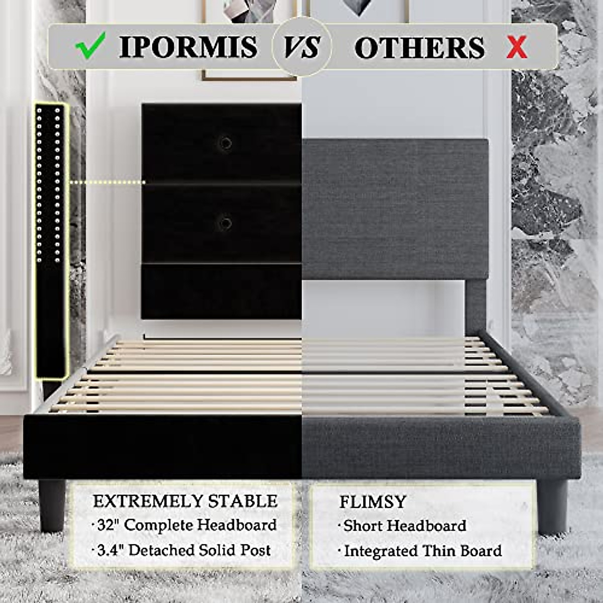 iPormis Queen Size Platform Bed Frame, Velvet Upholstered Bed Frame with Button Tufted & Nailhead Headboard, Wooden Slats Support, No Box Spring Needed, Noise-Free, Black