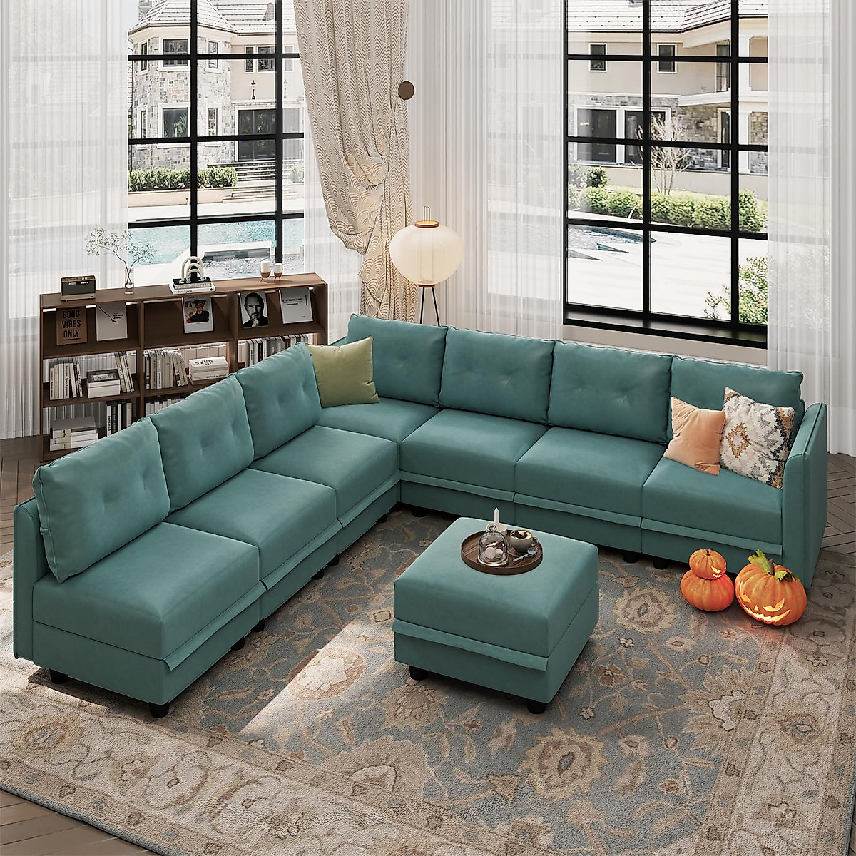 LLappuil Modular Sectional Sofa, Convertible L Shaped Sectional Couch with Storage, Faux Leather Fabric, Modular Sectionals with Chaise, 7 Seats with Ottoman Sofas for Living Room, Aqua Blue