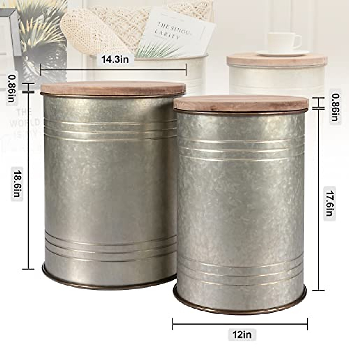 BRIAN & DANY 2 Pack Farmhouse Accent Side Table, Rustic Storage Ottoman Seat Stool with Round Wood Lid, Galvanized Metal Storage Bin for Living Room Furniture, Distressed Grey
