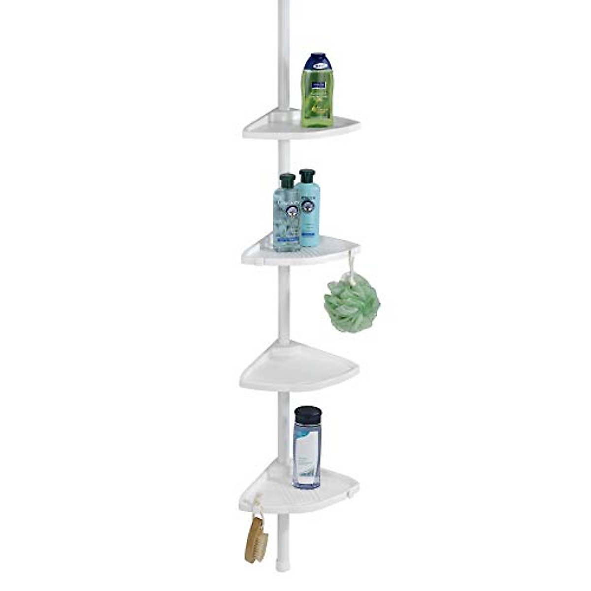 WENKO, White, Tension Pole, Caddy, Corner Shower Storage, 4 Shelves, 4 Hooks, Dimensions 10.2 x 30.7-108.3 x 7.7 108.3 x 7.7 inch