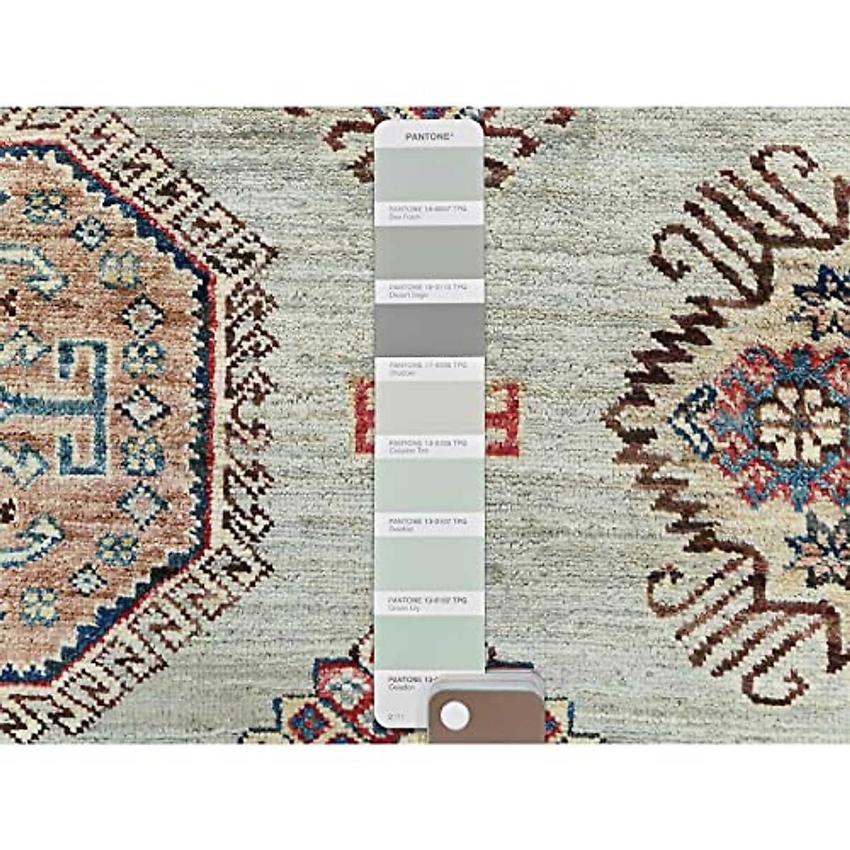 Shahbanu Rugs Light Gray Vegetable Dyes Dense Weave Soft Wool Hand Knotted Afghan Super Kazak with Geometric Medallions Oriental Rug (8'10"x12'1")