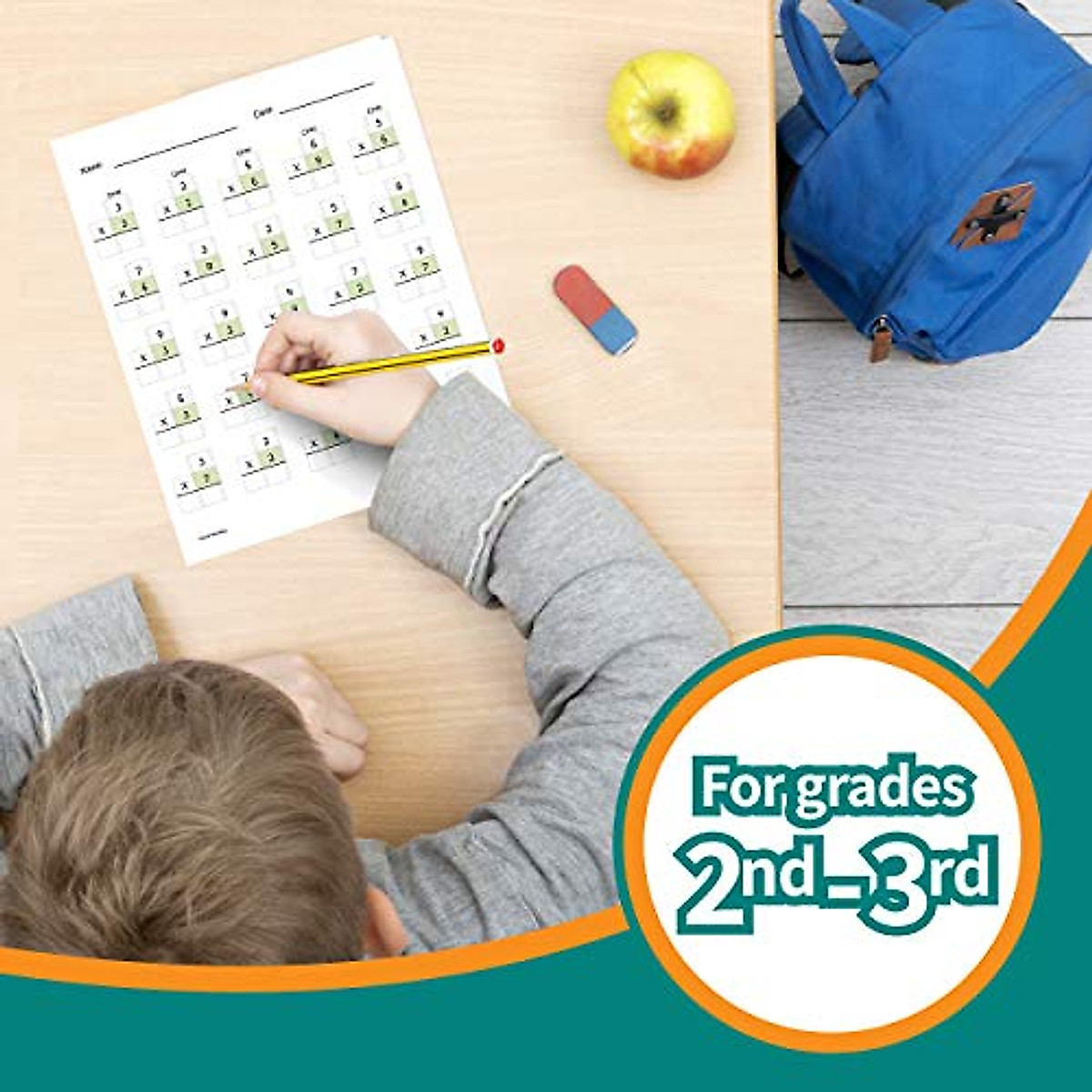 Channie’s Math Practice Combo Pack for Elementary School Students, One Page a Day Workbook and Little 9 Little Numbers Reusable Dry Erase Poster for Practicing Single Digit Multiplication Problems