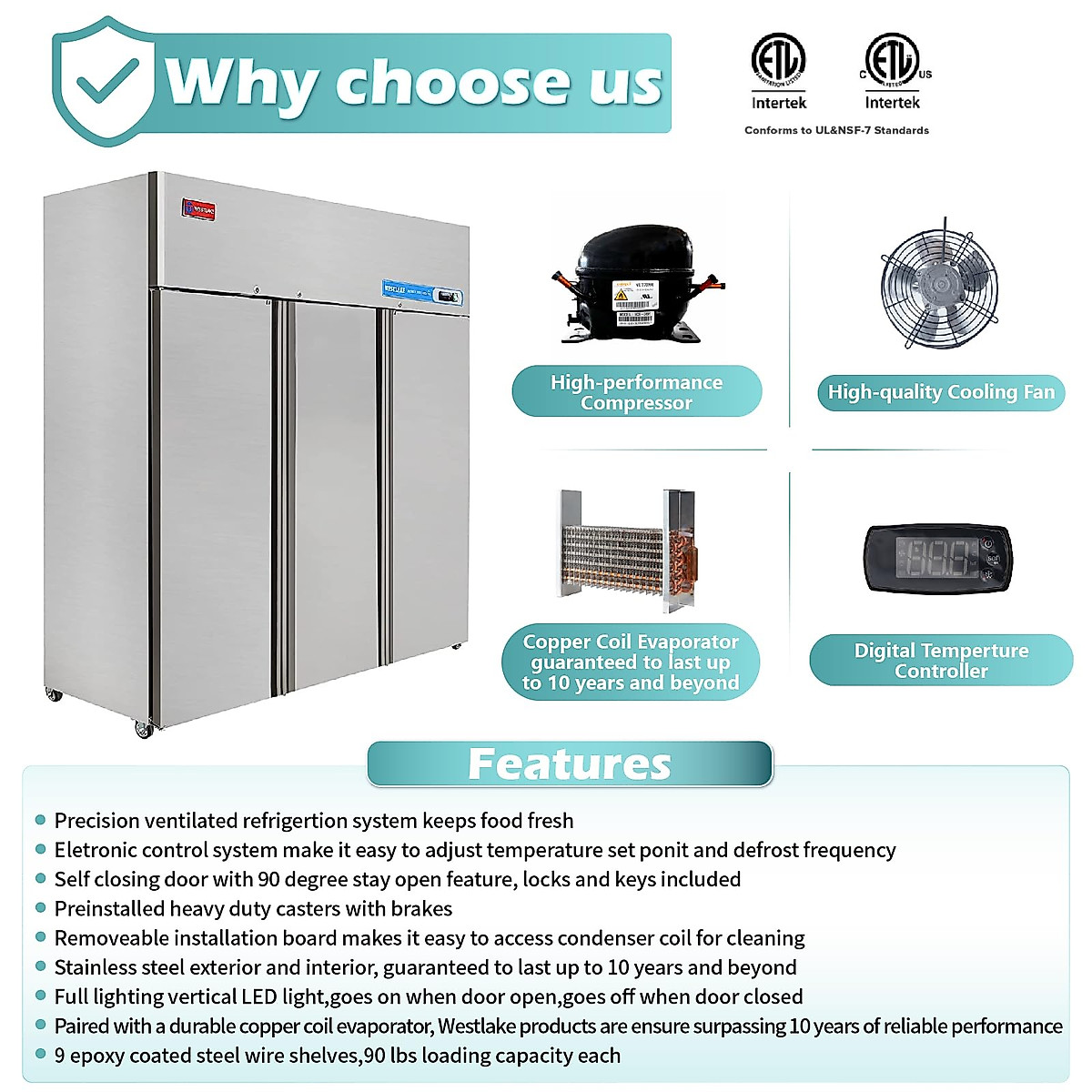 WESTLAKE 72" W Commercial Refrigerator 3 door 3 Section Stainless Steel Reach in Solid door Upright Fan Cooling 54 Cu.ft Cooler for Restuarant, Bar, Shop, etc