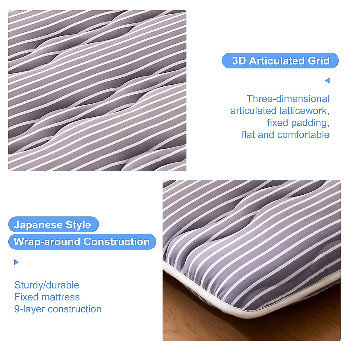 jzbearapt Japanese Floor Mattress, Futon Mattress Foldable, 100% High-Density Premium Foam, Thicken Tatami Mat Portable Dormitory Sleeping Pad, Small Single Size 75" X 25", Grey Stripes