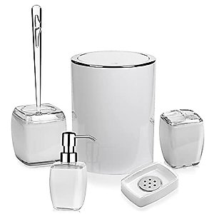 Bathroom Accessories Set 5 Piece Gift Set, Toothbrush Holder, Toilet Brush , Trash can, soap Dispenser, Soap Dish for Decorative Countertop and Housewarming Gift (White)