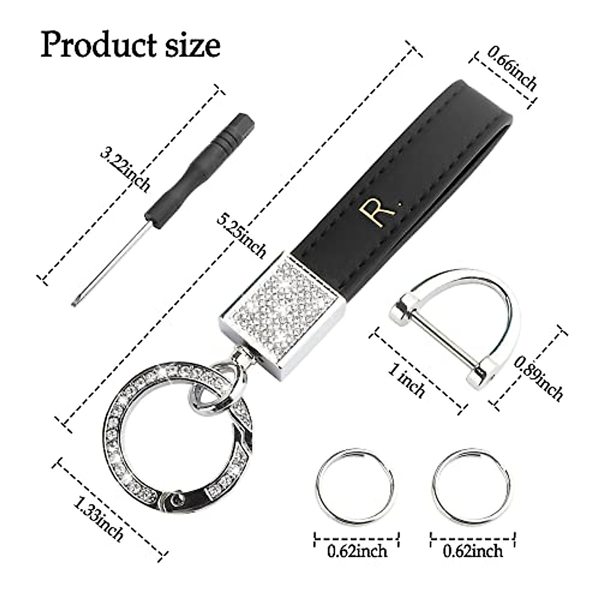 Leather Keychain Bling Keychain for Women Anti-Lost D-Ring Car Keychain Fashion Rhinestone Purse Charms for Handbags (Black)