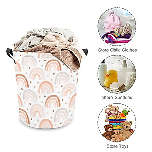 17.3 Inches Laundry Basket, Waterproof Collapsible Storage Basket, Round Dirty Clothes Hamper with Handles for Bedroom Room Toy Storage (Rainbow Cloud Abstract Boho)