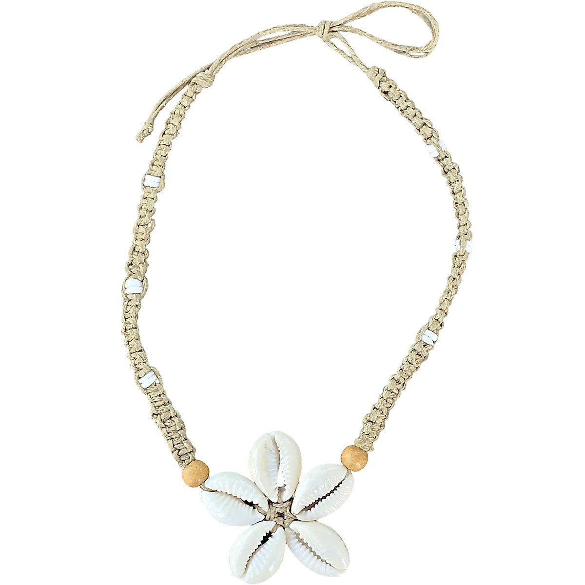 BlueRica Cowrie Shells Flower Pendant on Braided Hemp Cord Choker Necklace with Puka Shell Beads