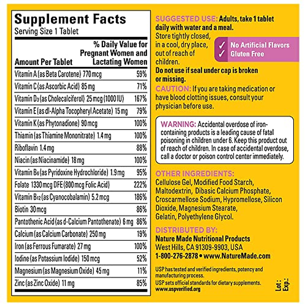 Nature Made Prenatal Multivitamin with Folic Acid, Prenatal Vitamin and Mineral Supplement for Daily Nutritional Support, 250 Tablets, 250 Day Supply