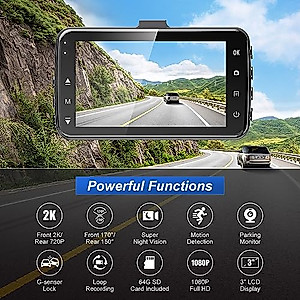 Dash Cam Front and Rear, 2K+720P Dual Dash Camera for Cars with 3'' IPS Screen, Car Camera with Night Vision, Built-in WiFi, Metal Body, G-Sensor, 24H Parking Monitor, Loop Recording, Free 64GB Card