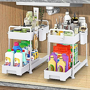 2 Pack Under Sink Organizer- Stackable 2 Tier Bathroom Storage Organizers and Storage with Hanging Cup and Hooks, White Under Sink Shelf Rack for Bathroom Kitchen Countertop Office Cabinets,White