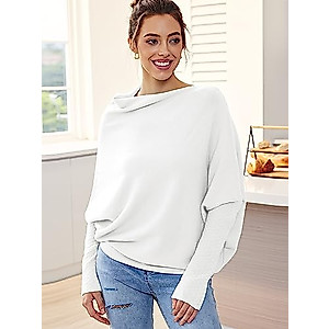 LILLUSORY Womens 2023 Fall Long Batwing Sleeve Off Shoulder Tunic Tops Oversized Crewneck Lightweight Slouchy Pullover Sweaters White
