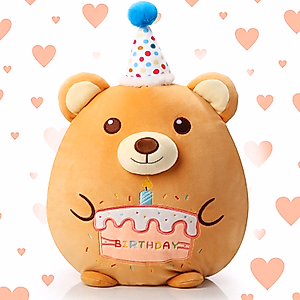 Leyndo 16 Inch Birthday Stuffed Animals Cute Bear Plush Throw Pillow Birthday Plush Gift Soft Bear Pillow Plushie for Kids Adults Birthday Party Favor Gift Sofa Bedroom Decorations