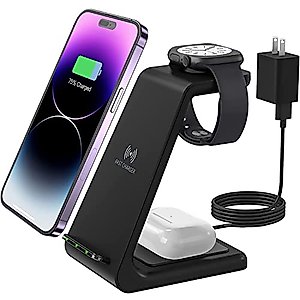Wireless Charger for Apple Multiple Devices, KOPIDOE Charging Station Dock Compatible with iPhone 14/13/12/11Series, Fast Stand for Apple iWatch 8/7/6/SE/5/4/3/2, AirPods 3/Pro/2 with Adapter (Black)