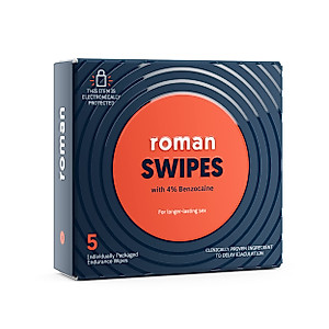 Roman Swipes | Fast-Acting, Convenient, Over-The-Counter Wipes Increase Stamina, Formulated with 4% Benzocaine, Features Discreet Packaging | 5-Pack