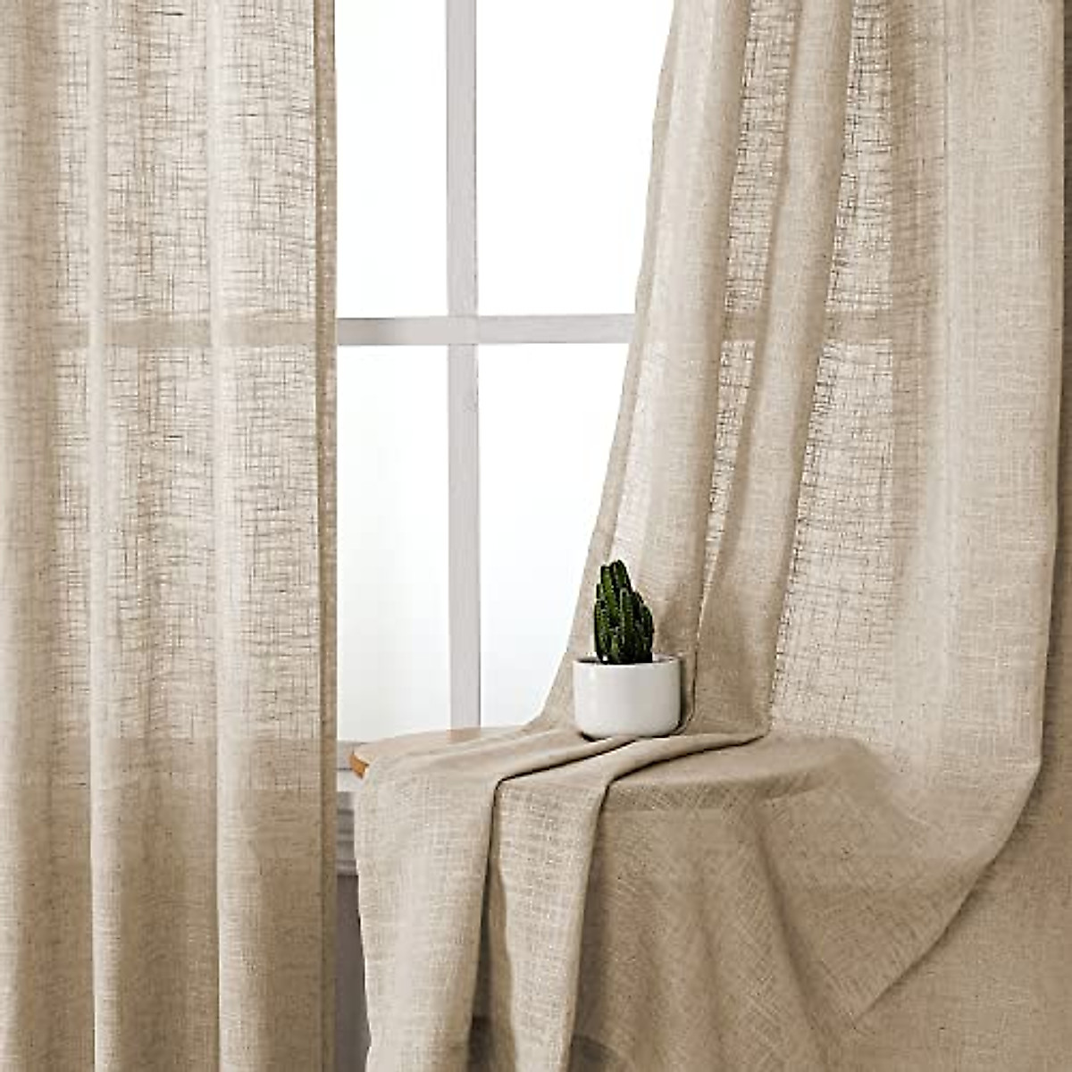 Linen Curtains 108 Inch Natural Linen Semi Sheer Curtains Tab Top Light Filtering Panels Burlap Linen Textured Curtains for Living Room Window Treatment Drapes, Privacy Added, 2 Panels, Angora