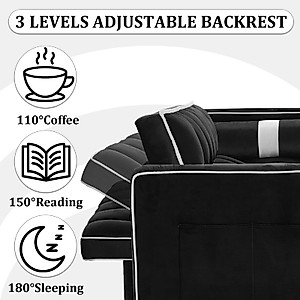 DS-HOMEPORT 3 in 1 Pull Out Convertible Sofa Bed with USB Ports - 55" Modern Velvet Sleeper Sofa with 3 Level Adjustable Backrest, Love Seat w/ 2 Pillows ＆ 2 Pockets for Bedroom (Full Size,Black)
