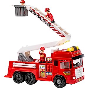 FUNERICA Large Fire Truck Toy with Lights and Sounds - Doors That Open - Big Folding Ladder - 7 Toy Figures and Firemen - Red Firetruck Engine for Toddlers and Kids