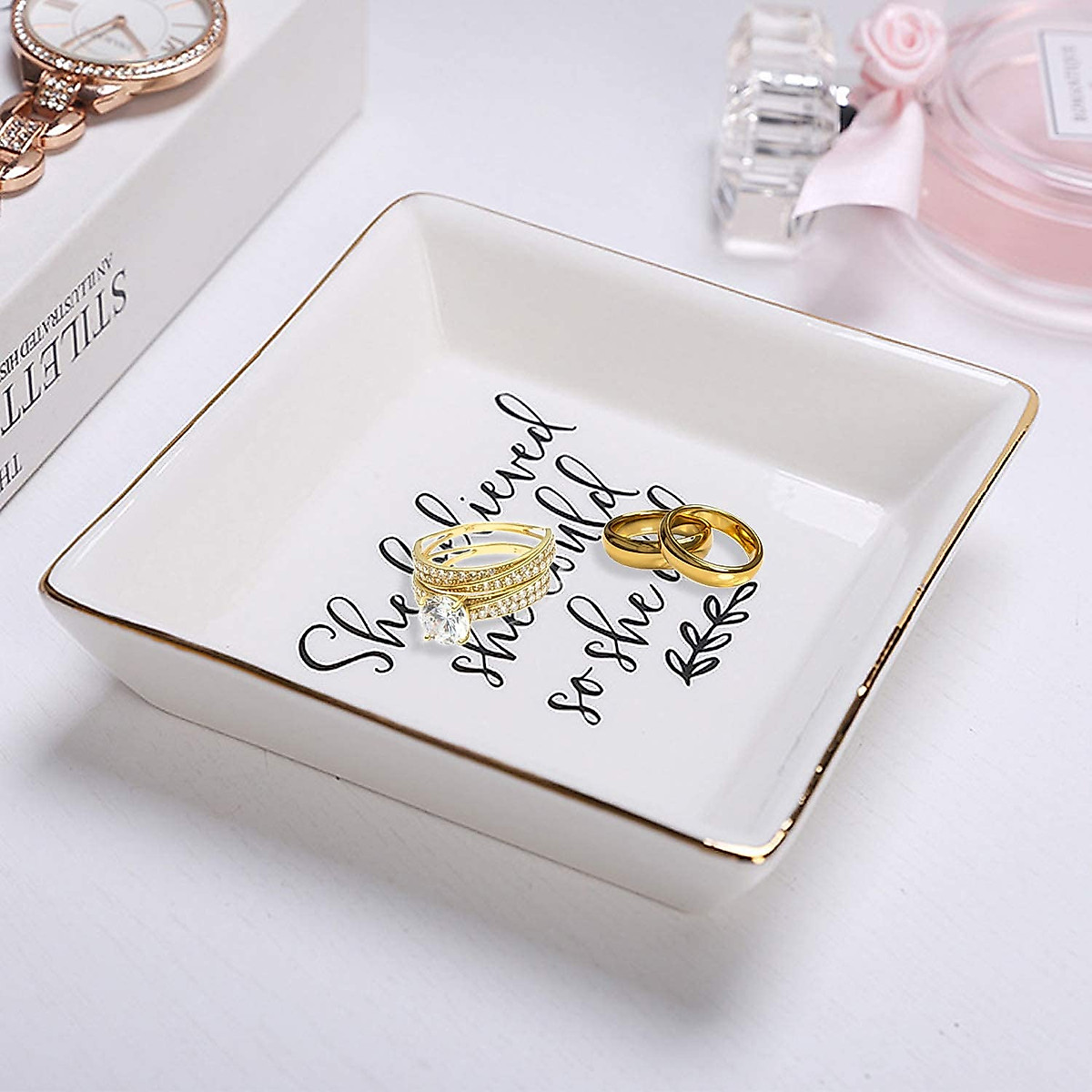 Jewelry Tray Ceramic Trinket Dish Ring Funny Birthday Gifts for Women Unique New Job Spiritual Congratulations Gift Best Friend Mom Friendship Office Decor,She Believed She Could So She Did