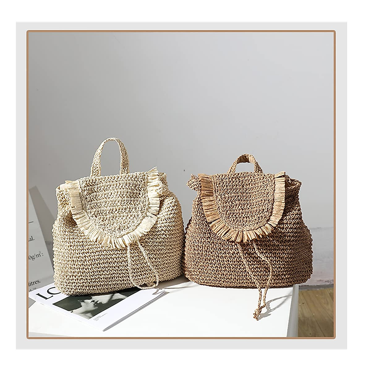 Erichman Women Fashion Straw Handmade Crochet Backpack Flap Drawstring Shoulders Bag Casual Beach Daypack (Brown,One Size)
