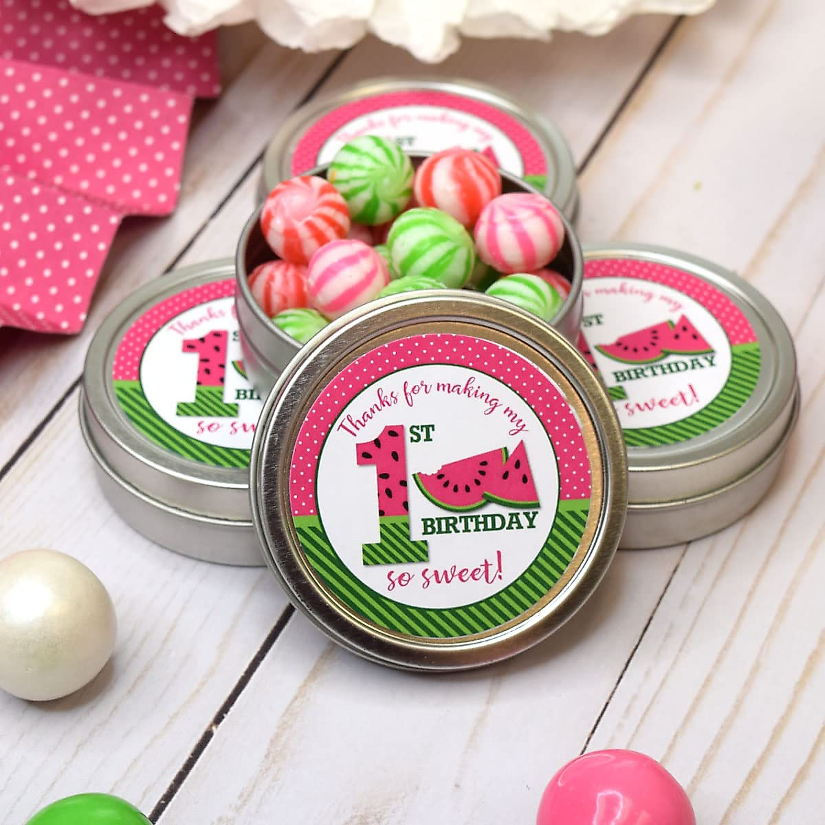 Pink Watermelon 1st Birthday Party Thank You Sticker Labels, 40 2" Party Circle Stickers by AmandaCreation, Great for Party Favors, Envelope Seals & Goodie Bags