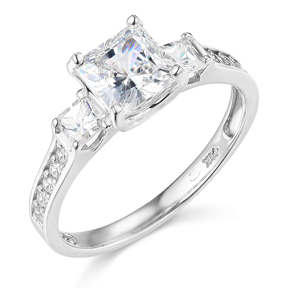 Wellingsale Ladies Solid 14k White Gold Polished CZ Cubic Zirconia Princess Cut Three 3 Stone Engagement Ring - Size 6