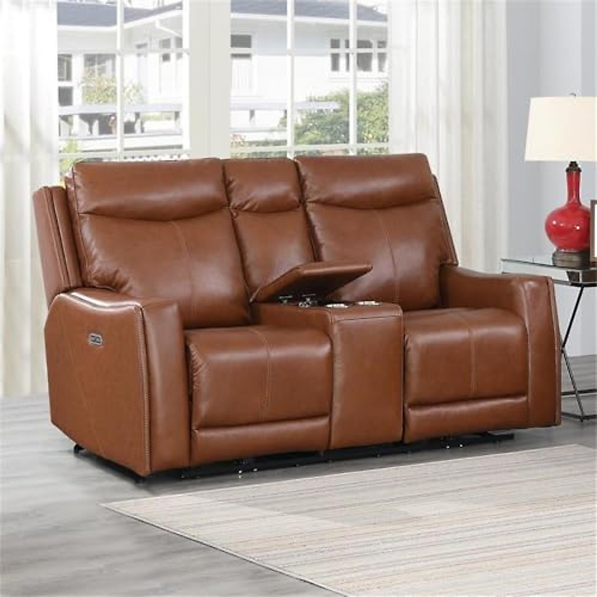 Steve Silver Natalia Power Reclining Loveseat-Top-Grain, Articulating Headrest, USB Charging, Coach Color Love Seats, 72.5" L x 39" W x 42" H, Caramel Leather