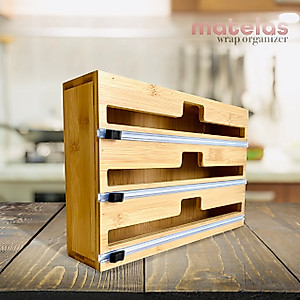 3 in 1 Bamboo Wrap Dispenser with Cutter and Labels, Wax Paper, Foil and Plastic Wrap Organizer Dispenser for Kitchen Drawer or Wall Mounted, Roll Holder, Compatible with 12" Roll [matelas]