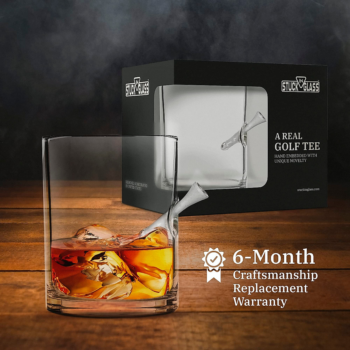 Stuck In Glass - Hole in One Golf Tee Whiskey Glasses - Original Handcrafted Embedded Barware (10 oz) - Ideal for Wine Lovers, Men's Gifts, Boyfriend, and Rocks Drinkware - White