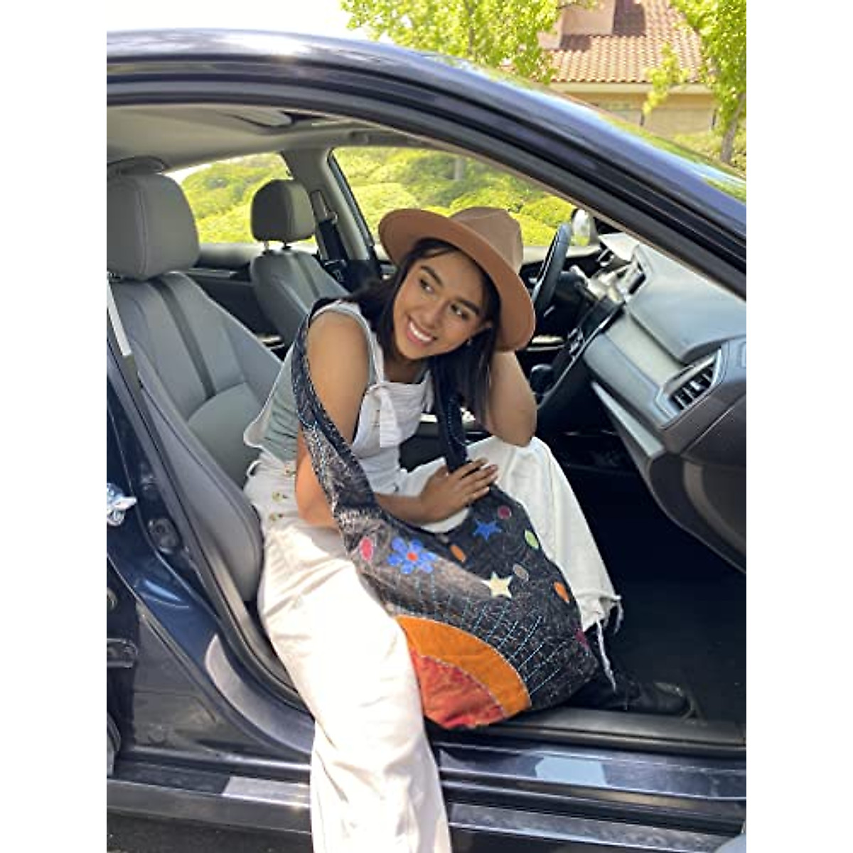 Elements of Nature Bohemian Hand-Stitched Hippie Hippy Shoulder Crossbody Monk Handbag in Black Large