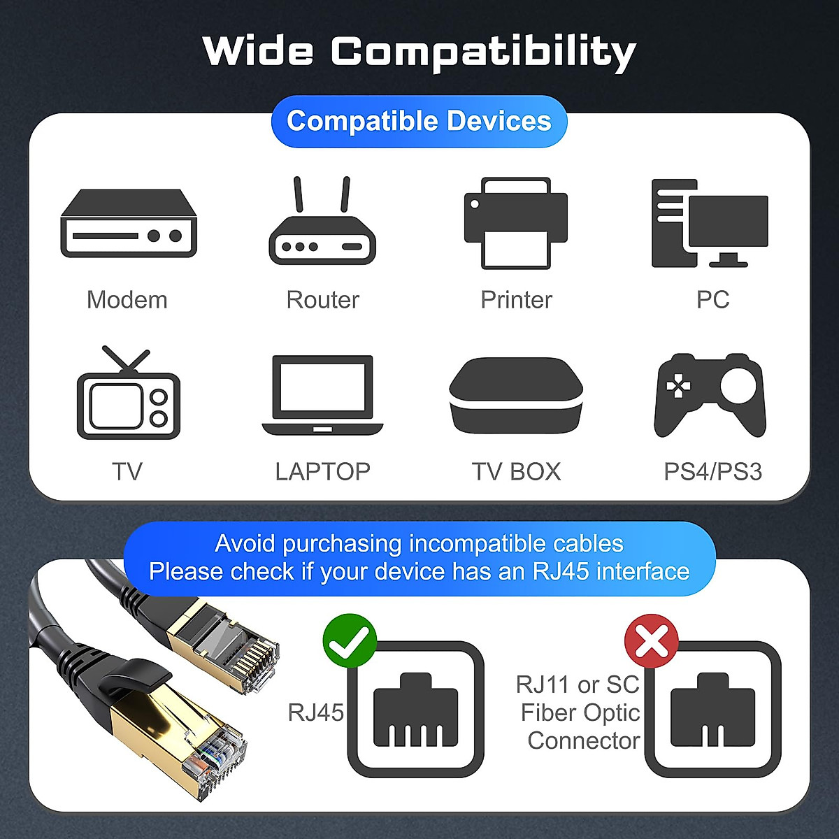 DbillionDa Ethernet Cable, RJ45 Cable, 26AWG Cat 8 6Feet (2 Pack) LAN, High Speed Network Cable with Gold Plated RJ45 Connector 40Gbps 2000Mhz S/FTP LAN Wires for Gaming, Xbox, Modem, Router