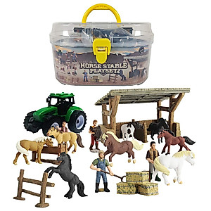 DINOBROS Horse Stable Playset Toys for Boys and Girls Ages 3 and Up Includes 8 Horses and Accessories 17 Piece Horse Stall Farm Set with Portable Case
