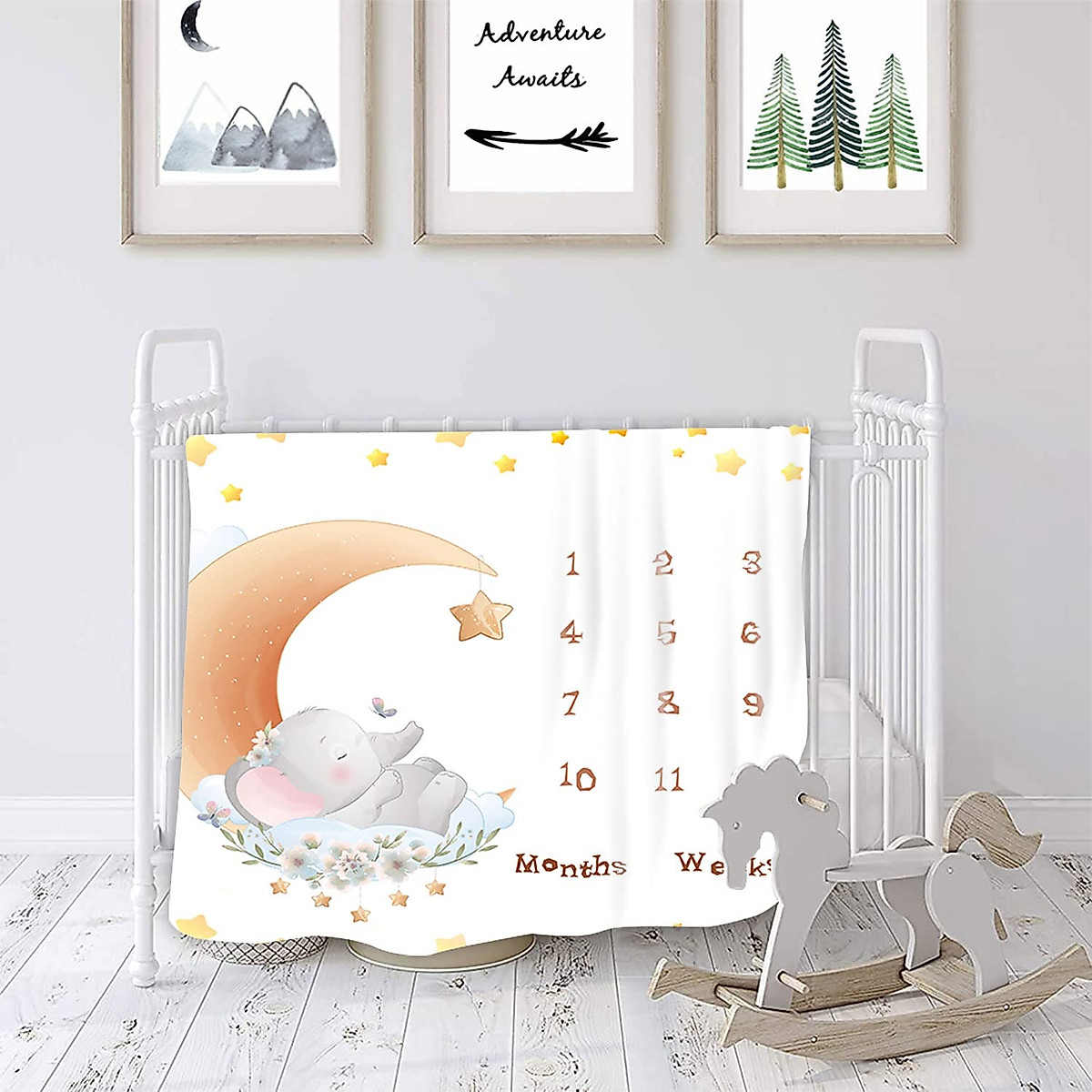 QICAIYUN Baby Milestone Monthly Blanket Elephant Desgin Baby First Year Calendar Growth Chart Play Mat Large 48" x48'' Baby Photography Props YUNBTZT114