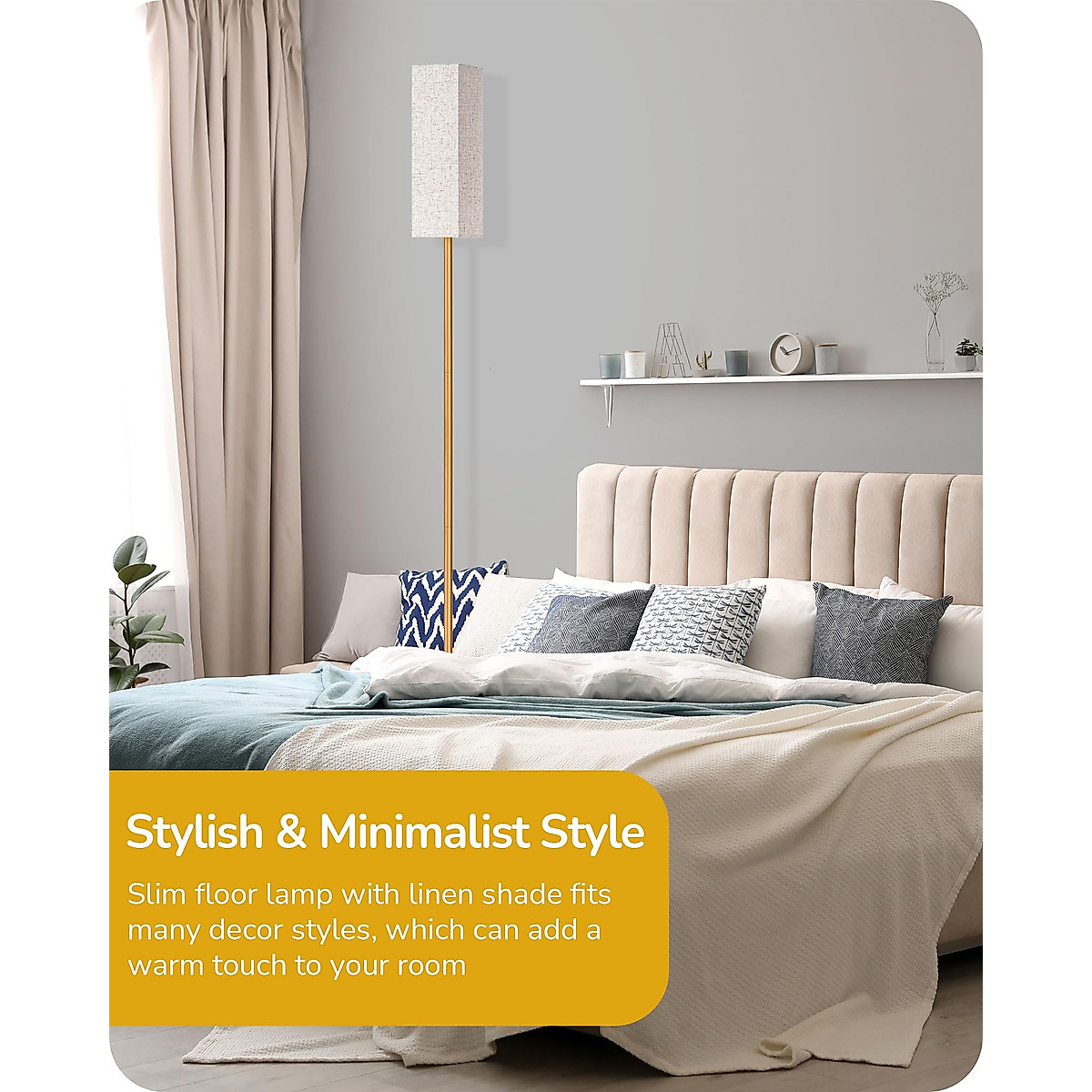 EDISHINE Modern Corner Floor Lamp with Remote, Stepless Dimmable Minimalist Reading Lamp, 65" Tall Pole Lamp for Living Room, Bedroom, Office, 9W LED Bulb Included (Gold)