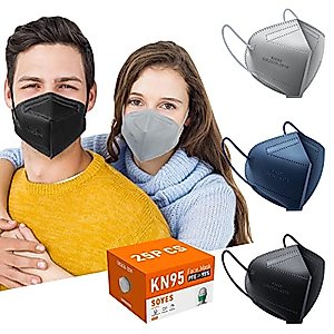 25PCS KN95 Face Mask, 5-Ply Safety Masks for Aldult Men & Women Filter Efficiency≥95% (Blue, Black, Grey)