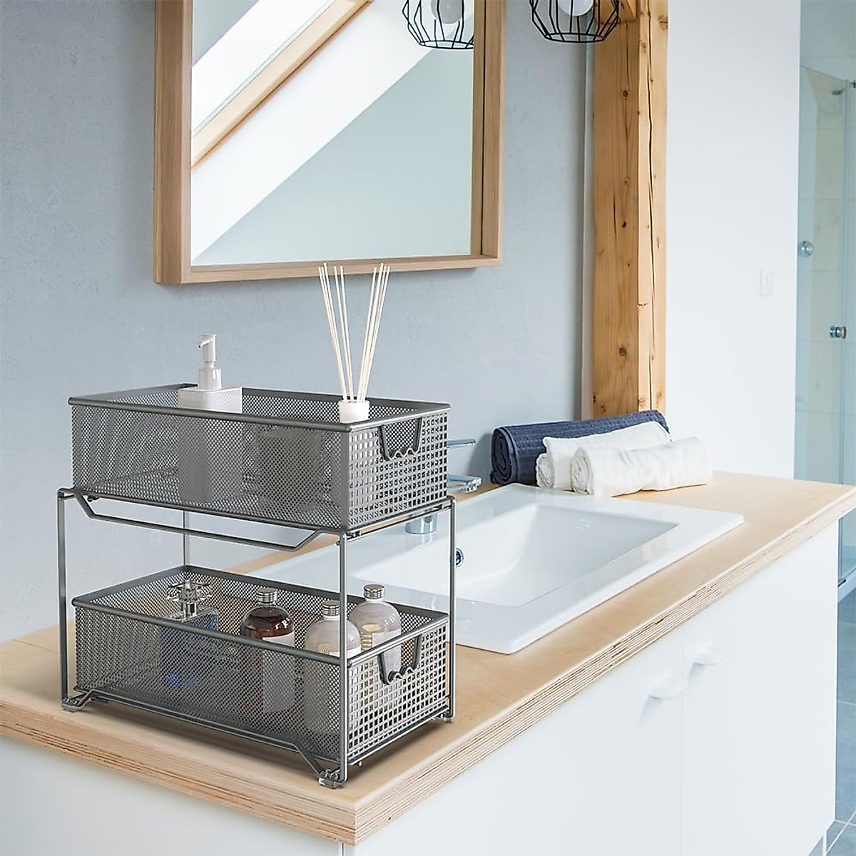 DecoBros 2 Tier Mesh Sliding Cabinet Basket Organizer Drawer,Silver