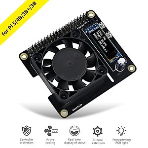 Yahboom Raspberry Pi Quiet Cooling Fan for Raspberry Pi 5 4B 3B+ 3B Intelligent Temperature Control Programmable RGB（OLED Display Include）