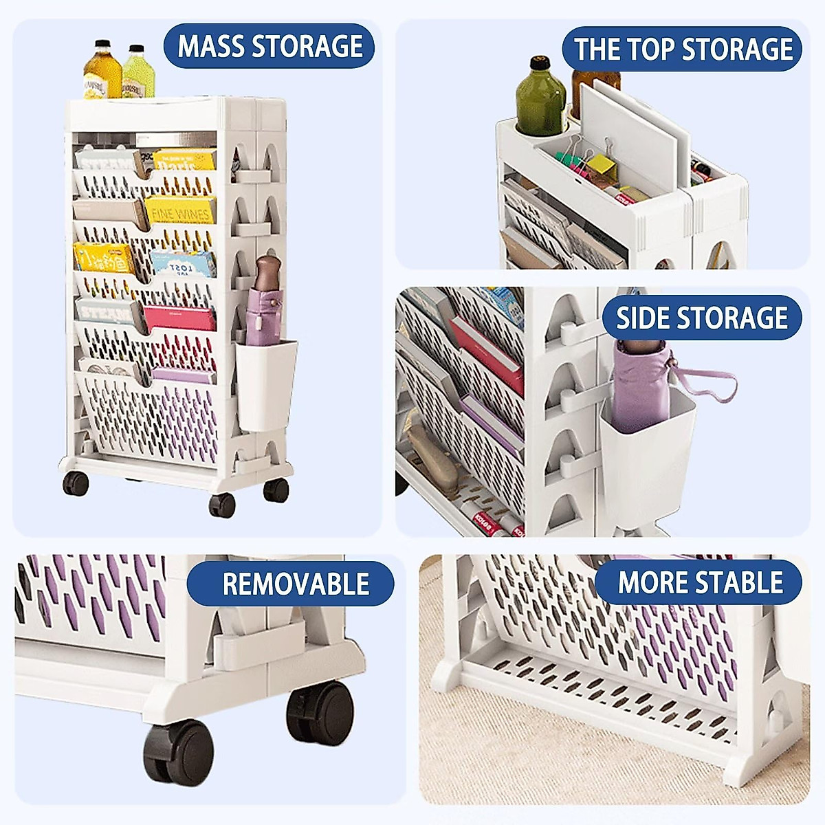 YAYLAIP Rolling Bookshelf Cart,6-Tier Large Capacity,on Wheels Moveable Office Desk File Bookshelf Organizer,with Wheel Multilayer Rotatable,Mobile Portable Removable Plastic Practical Rolling（Pink