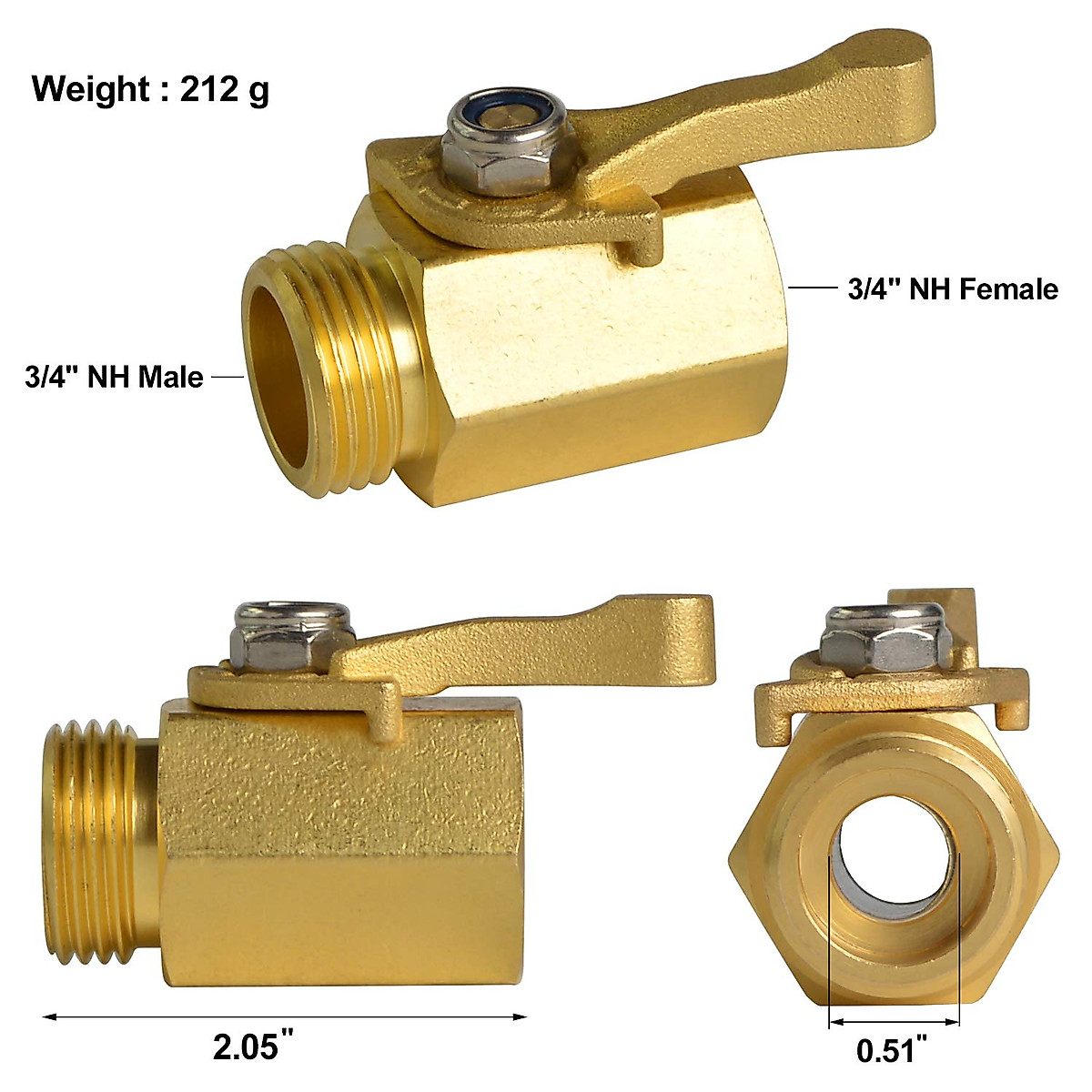 HYDRO MASTER Heavy Duty 3/4" Brass Shut Off Valve with Large Handle, Full Flow Garden Hose Connector