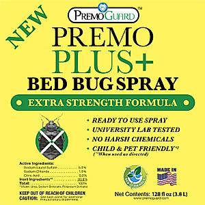 Premo Plus+ Bed Bug Spray Extra Strength – 128 oz – Fast Acting Bed Bug Treatment & Killer – Stain & Scent Free – Child & Pet Safe – Powerful New Stronger Formula – Natural with No Harmful Chemicals
