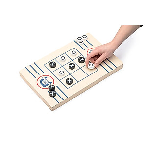 Niino 2 in 1 Fast Sling Puck and Tic Tac Toe Game Board | Tic Tac Toe Board and Family Wooden Hockey Game | String Puck | Gift for Adults & Kids Children | 20 Pucks with Storage Pouch (13 X 8 Inches)