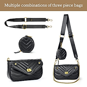 Small Quilted Crossbody Bags for Women Trendy Designer PU Leather Shoulder Bag with Coin Purse Sets Metal Chain Clutch (Black)