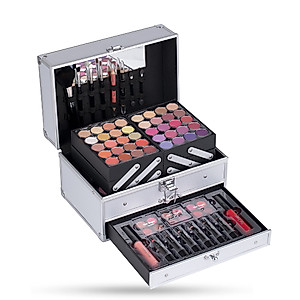 Hot Sugar Girls Makeup Set for Teenagers Beginners Adults Professionals with Reusable Trendy Silver Cosmetic Box Includes Everything for A Full Face Makeup Eyeshadow Lip Gloss Blush Brush Lipstick