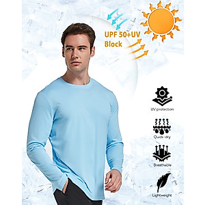 TELALEO UPF 50+ Men's Fishing Shirts Lightweight Quick Dry Long Sleeve Rash Guard Shirt Sun Protection Hiking Sports White/Blue S